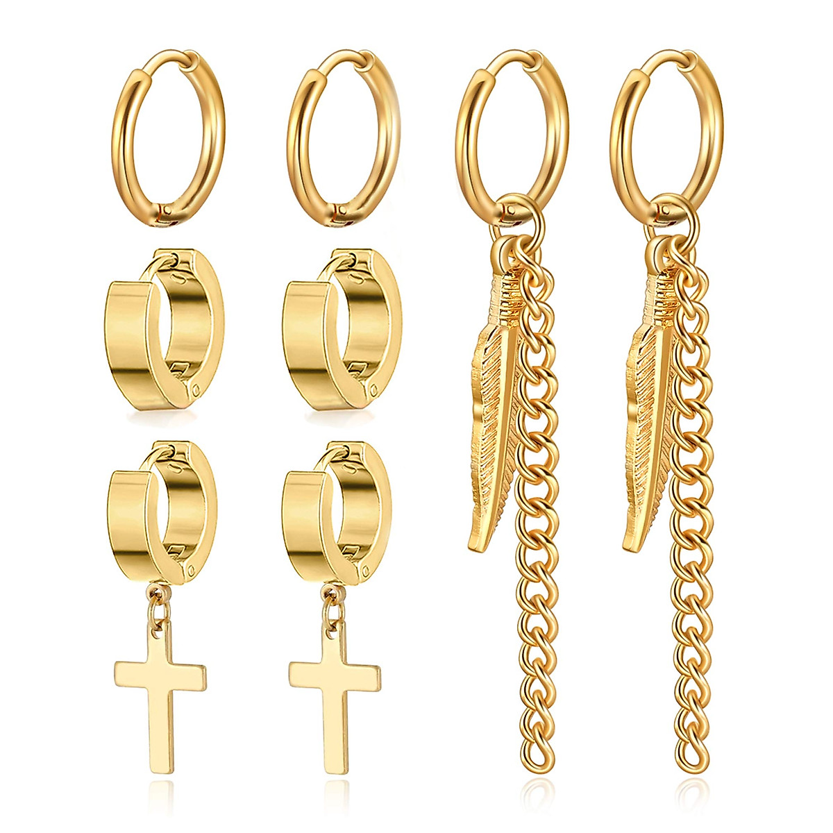 Ofeiyaa 4 Pairs Stainless Steel Dangle Hinged Hoop Earrings Huggie Earrings Piercing CZ Stud for Men Women Silver