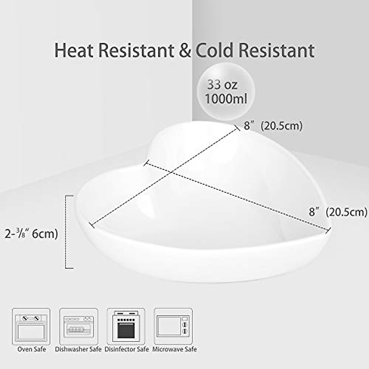 Keponbee 2pcs Porcelain Big Heart-shaped Bowls White Deep Heart Plates Salad Bowl/Fruit Bowl for Desserts/Pasta/Dinner, 8"