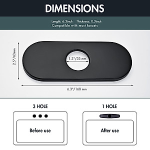 6 Inch Faucet Deck Plate for Bathroom Sink - Universal Fit for 1 Hole or 3 Hole 4 Inch Centerset Basins - Escutcheon Faucet Plate - Stainless Steel Faucet Hole Cover(Matte Black)