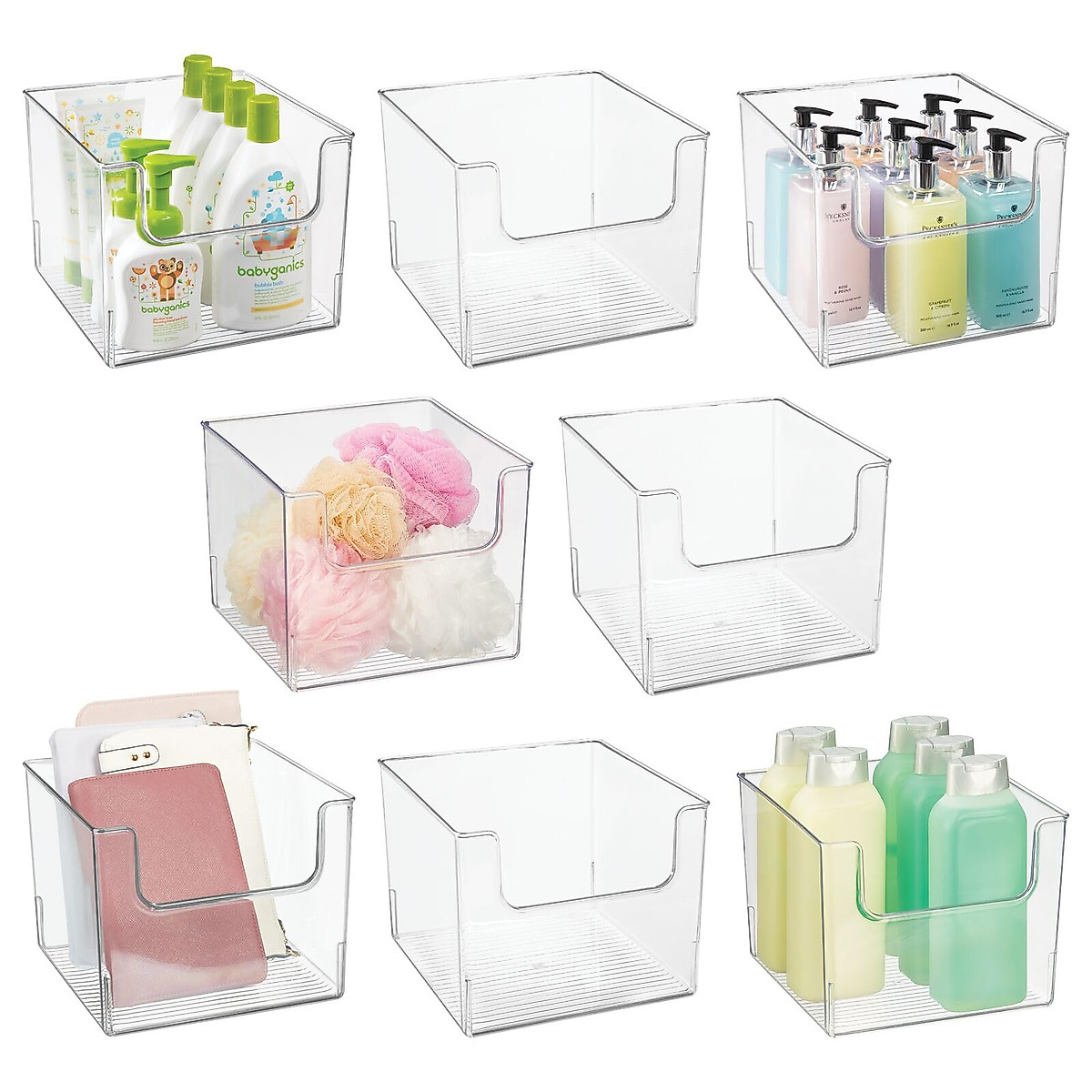 mDesign Modern Plastic Open Front Dip Storage Organizer Bin Basket for Bathroom Organization - Vanity Shelf, Cubby, Cabinet, and Closet Organizing Decor - Ligne Collection - 8 Pack - Clear