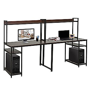 HOMCOM 94.5in Industrial Double Computer Desk with Hutch and Storage Shelves, Extra Long Home Office Writing Table 2 Person Workstation, CPU Stand, Brown Wood Grain