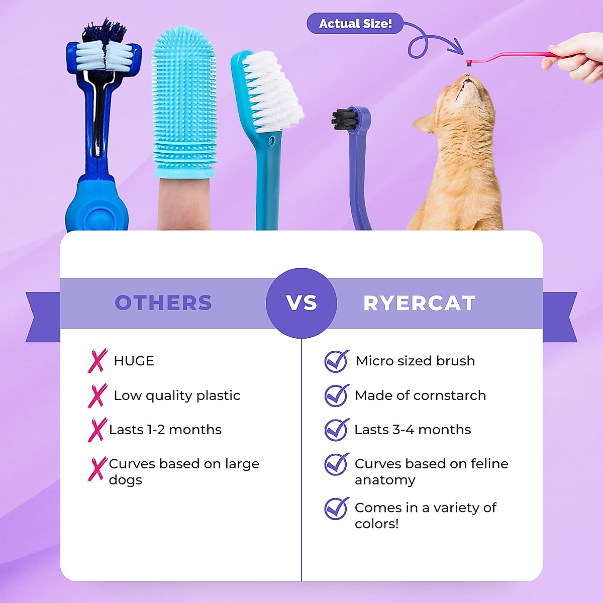 RYERCAT Dual Sided Cat Toothbrush - Kitten Toothbrush with Micro Head to fit into Cat/Kittens Mouth - Cat Dental Care Supplies - Pet Toothbrush for Cats(Amethyst Purple)