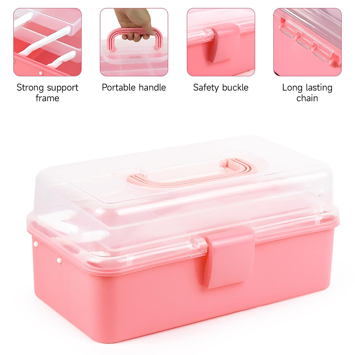 Akamino 2 Pcs Multipurpose Storage Box with Handle,3-layer Plastic Sewing, Art & Craft Case,11 In Portable Locking Tool Container Tackle Box for Cosmetic Medicine Jewelry Hair Accessories(Pink)