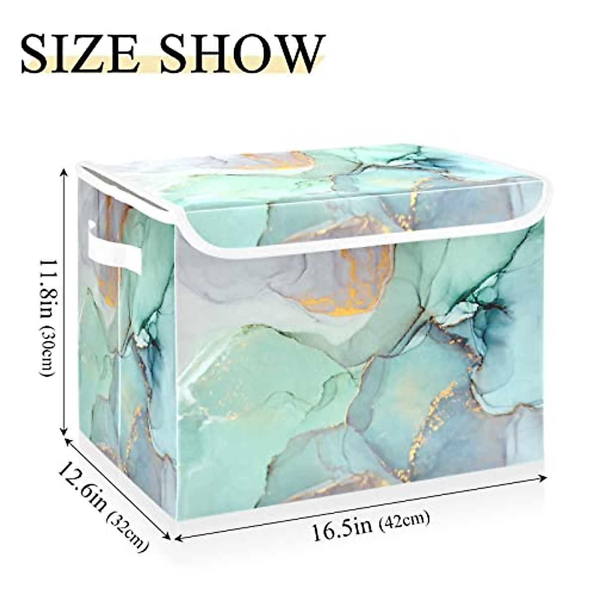 Kigai Abstract Marble Print Aqua Storage Basket with Lid Collapsible Storage Bin Fabric Box Closet Organizer for Home Bedroom Office 1 Pack