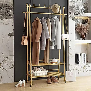 HEONITURE Gold Clothing Rack with Shelves, Rolling Garment Rack for Hanging Clothes, Heavy Duty Choset Clothes Rack for Indoor Bedroom Sturdy Steel Frame（31.5"）