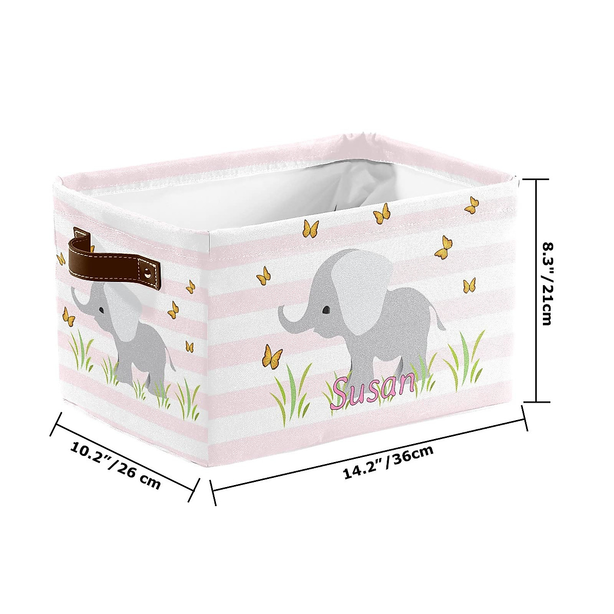 Personalized Elephant Butterfly Grass Canvas Storage Bins with Name Organizer Bin Storage Basket with Handles for Gift Baskets Book Bag (1 Pack)