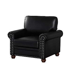 Moxoq Mid-Century Modern Faux Leather Living Room Sofa Set with Rivet Trim, Solid Wood Frame and Legs - Single, Double, Triple, 2+3 Seater, 1+2+3 Seater, 4 Color Options (Black, Single Sofa)