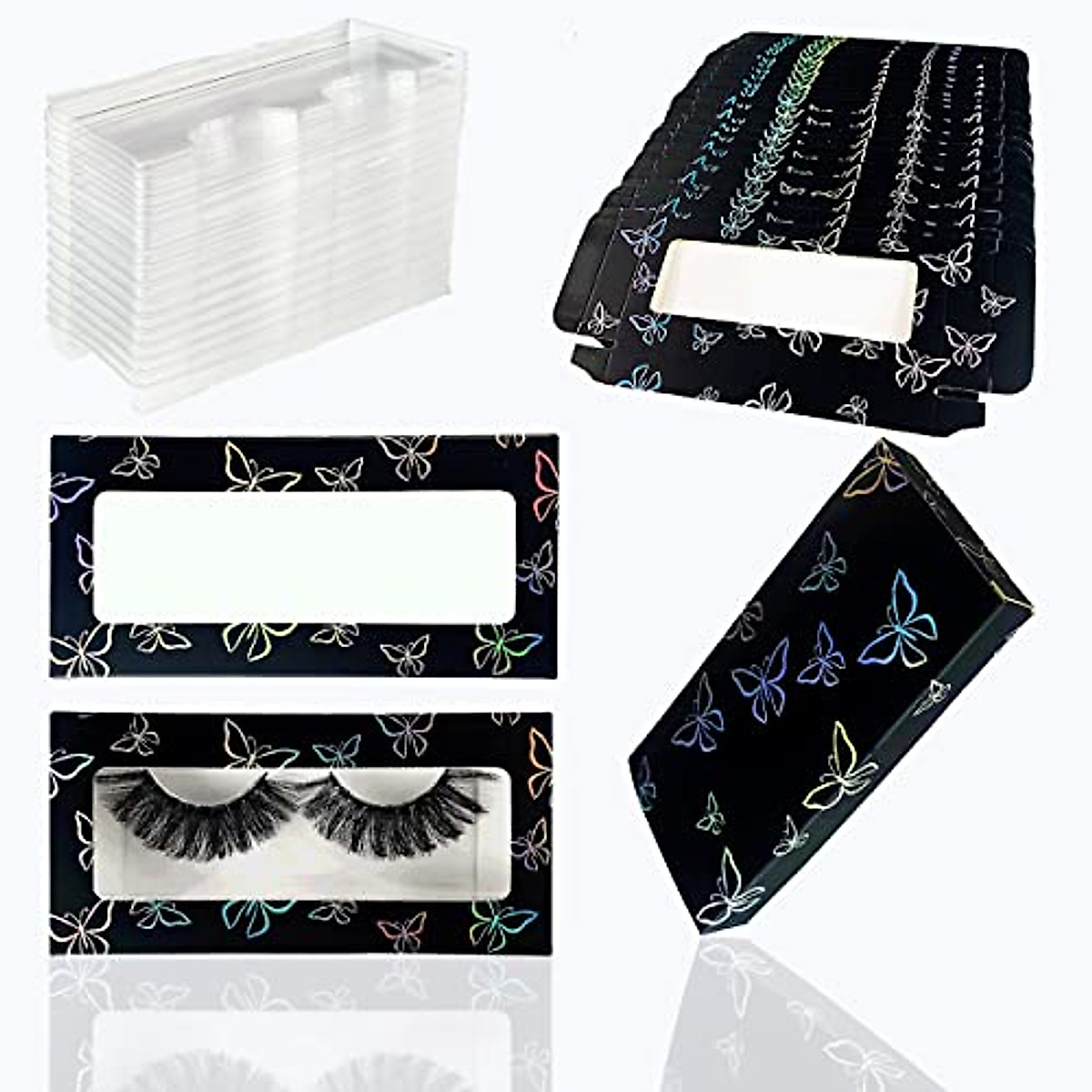 GuangZhou 60 Pieces False Eyelashes Box Empty Lash Packaging Storage Containers 30 Soft Paper Lash Boxes with 30 Tray Laser Butterfly Prints Lash Case Holder (Black)