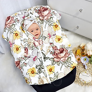 Floral Baby Car Seat Canopy Soft Minky Plush Dotted Backing Baby Car Seat Cover Girls,Floral Baby Poncho for Girls, Toddler Minky Wear Hooded Warm Winter Outerwear Capes Poncho Coat With Zipper