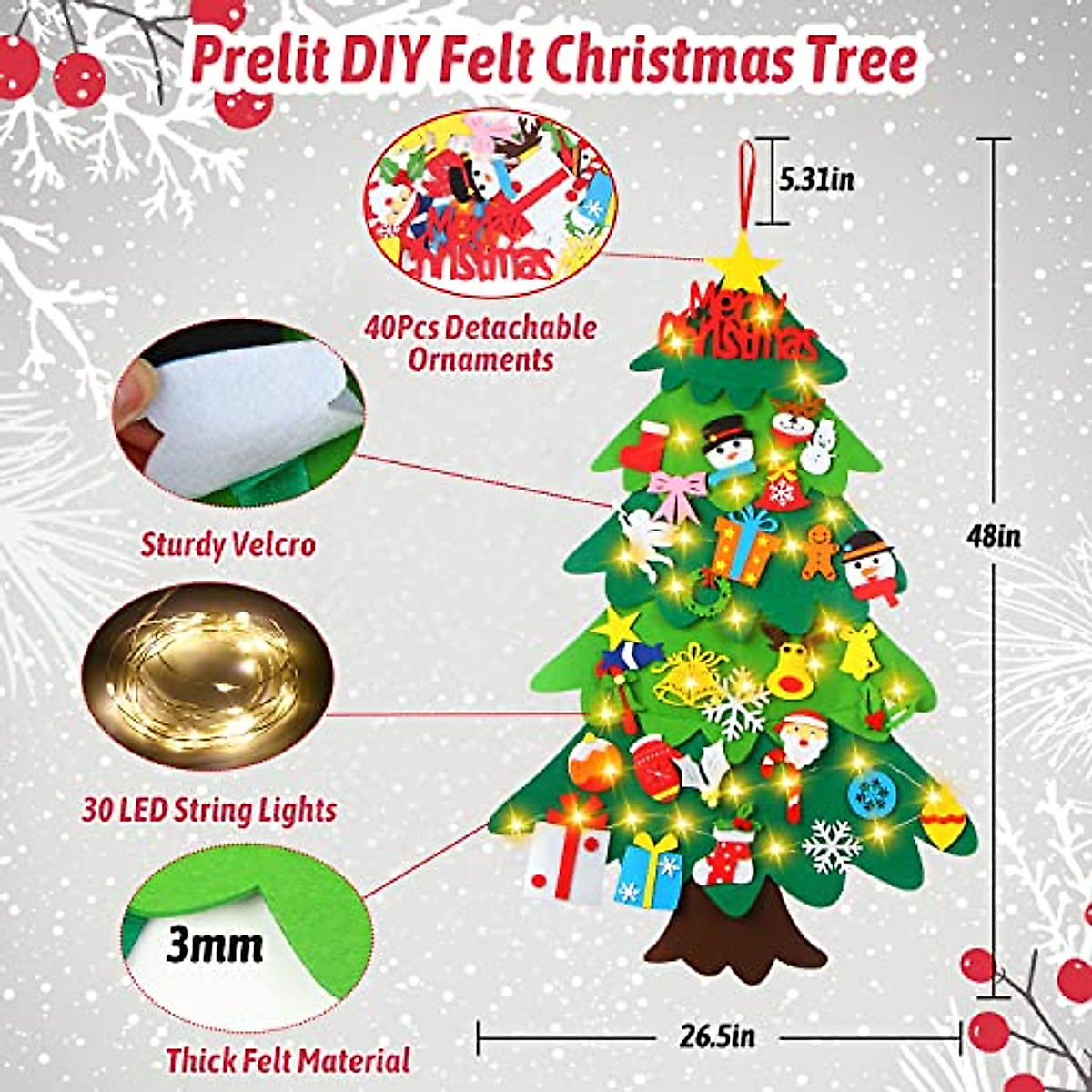 KIMOBER Lighted Felt Christmas Tree,Prelit DIY Christmas Tree with 40Pcs Detachable Ornaments Wall Hanging Decor for Xmas Party