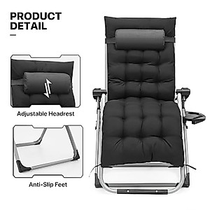 MoNiBloom Beach Chaise Lounge Chair, Patio Folding Recliner with Removable Cushion, Headrest & Tray, Portable Tanning Sunbathing Chair for Poolside Beach Porch Yard, Reinforced Bar, 330lbs Grey