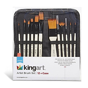 KINGART 205-12 ARTIST BRUSH SET with Carrying Case, 12 Short Handle Synthetic Hair Round, Flat & Fan Paintbrushes, Use for Oil, Acrylic and Watercolor Painting, 12 pc.