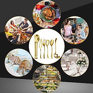 30 Pcs Stainless Steel Serving Utensils Set Serving Flatware Set Include Large Serving Spoons Slotted Spoons Serving Forks Soup Ladle Pie Server and Serving Tongs for Buffet Party (Gold)