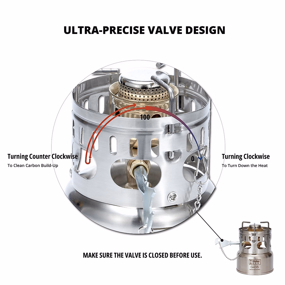 IWALKER G43S Portable Camping Backpacking Stove | Outdoor Gasoline Stove Silent Burner| With Spare Valve Parts BURNER JET NOZZLE NEEDLE for Hiking Travel Picnic Emergency