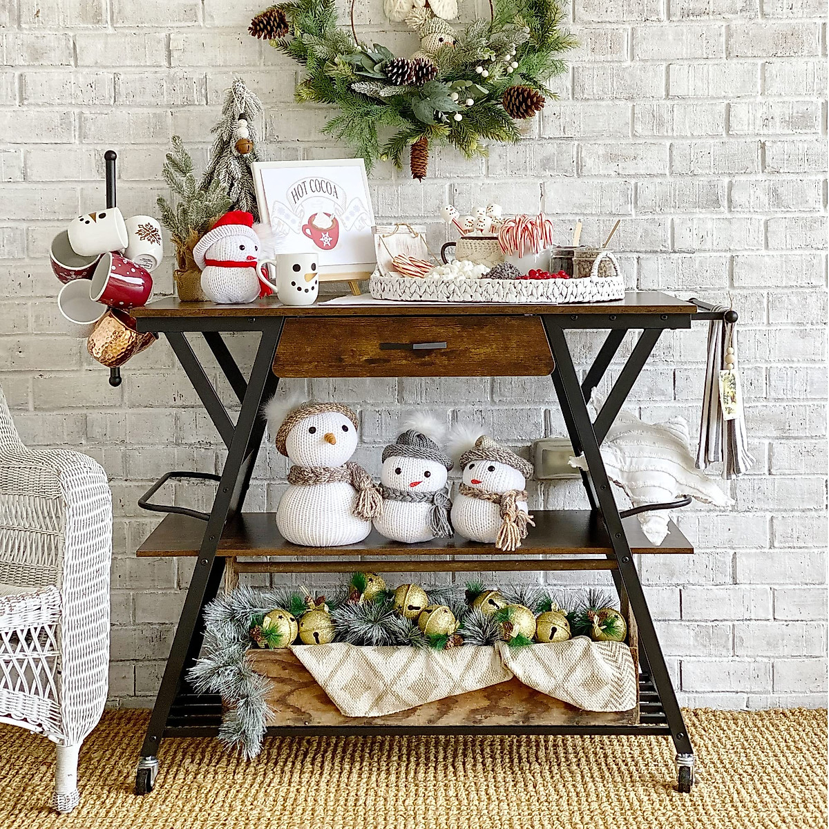 Bestier Coffee Bar Station, Kitchen Island Cart with Storage, Coffee Cart with Drawer, Paper Towel Holder and Lockable Wheels, Bar Table for Dinning Room Living Room, Rustic