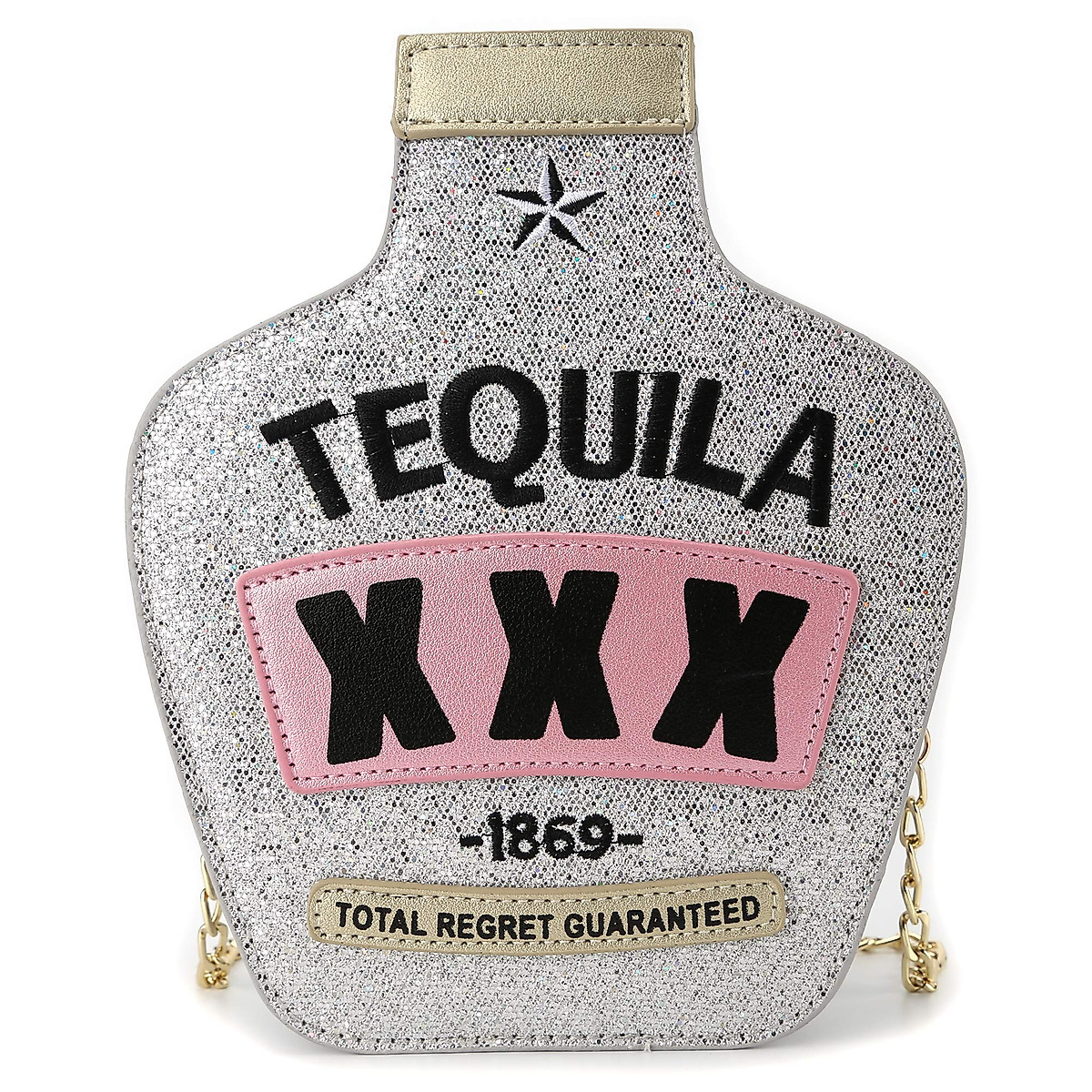 QiMing Tequila Bottle Shaped Laser Shoulder Handbags,Pu Crossbody Purse for women(Silver B)