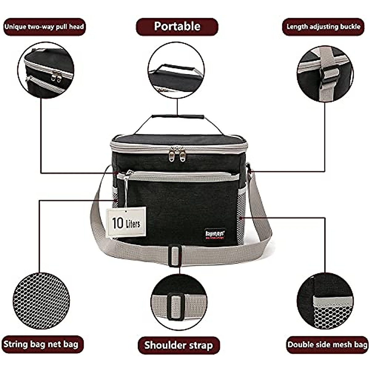 Lunch Bag 10L,Insulated Lunch Box for Men/Women,Reusable Cooler or Warmer Lunch Bags for Adults/Kids,Leakproof Lunch Bag Box for Office School Picnic Beach-Black…