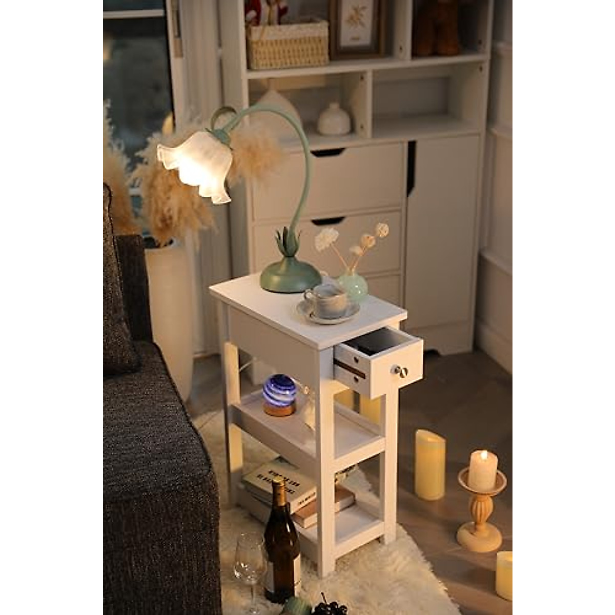 SEJOV End Table, 3-Tier White Nightstand with Drawer and 2 Shelves, Wood Look Accent Narrow Side Tables Living Room Bed Room Office, White