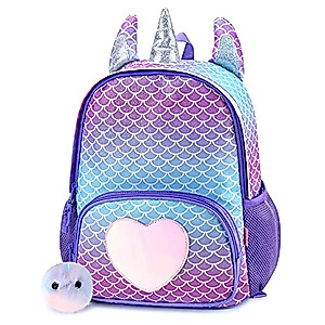 mibasies Kids Unicorn Backpack for Girls Rainbow School Bag with Lunch Box((Mermaid Purple)