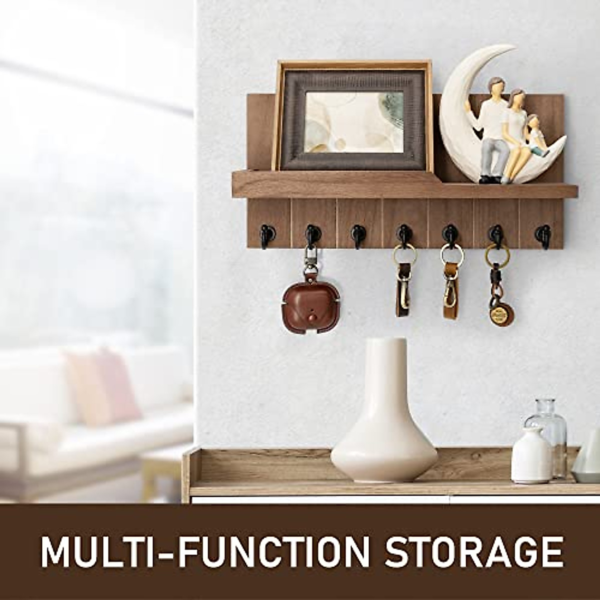 Rebee Vision Key Holder for Wall - Farmhouse Rustic Mail Organizer Floating Shelf for Home Kitchen Entryway Decor with 7 Sturdy Key Hooks (Retro Brown)