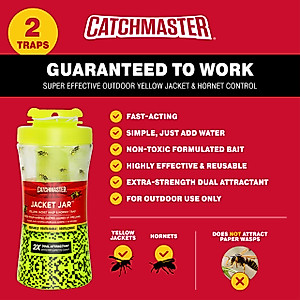 Catchmaster Yellow Jacket, Hornet, & Wasp Trap Jar 2-Pk, Reusable Bug Catcher with Attractant, Outdoor Flying Insect Trap, Wasp Killer Bug Trap, Pet Safe Pest Control for Backyard, Patio, & Shed