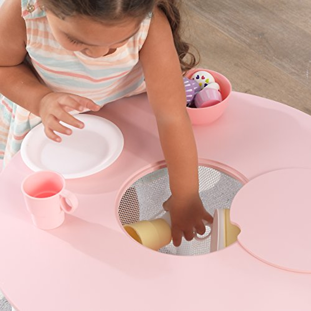 KidKraft Wooden Round Table & 2 Chair Set with Center Mesh Storage- Pink & White, 23.5 x 23.5 x 17.2