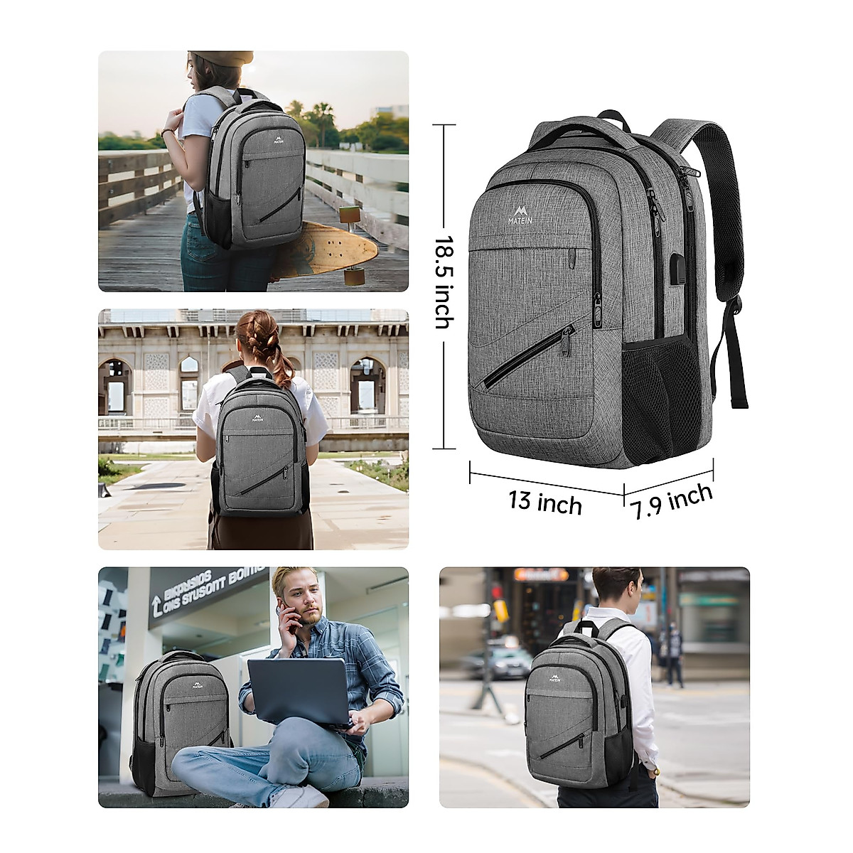 MATEIN Travel Laptop Backpack,TSA Large Travel Backpack for Women Men, 17 Inch Business Flight Approved Carry On Backpack with USB Charger Port and Luggage Sleeve, Durable College School Bookbag,Grey