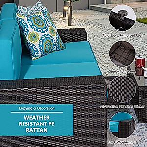HEYNEMO Outdoor Patio Furniture Sets, 6 Pieces Outdoor Sectional Rattan Sofa, Black PE Wicker Patio Conversation Sets with Washable Cushion and Tempered Glass Table, Straight Arm, Alloy Steel Frame