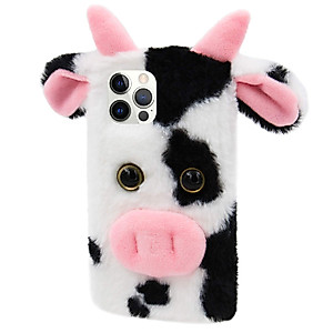 Girlyard Milk Cow Case for Samsung Galaxy A51 5G, Cute 3D Cartoon Dairy Cattle Fluffy Hairy Silicone Cover Fuzzy Warm Faux Stuffed Plush Doll Soft Furry Protective Shell for Women Girls - Black