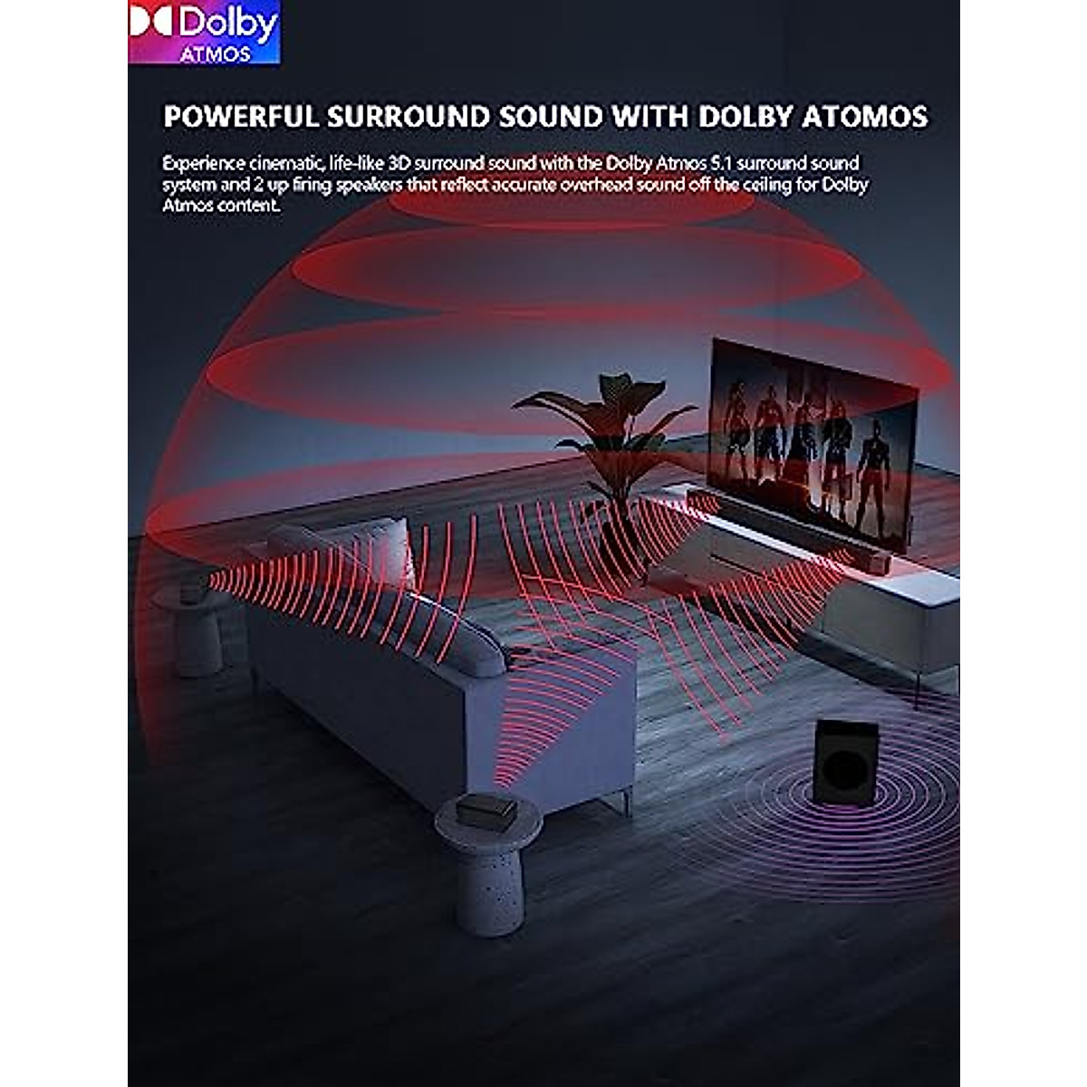 RAINEVERRY 5.1.2 Premium Sound Bar with Dolby Atmos, Surround Sound System for TV, Wireless Subwoofer, Home Theater Surround Sound System, Bluetooth 5.1, Work with 4K & HD TVs| HDMI & Optical