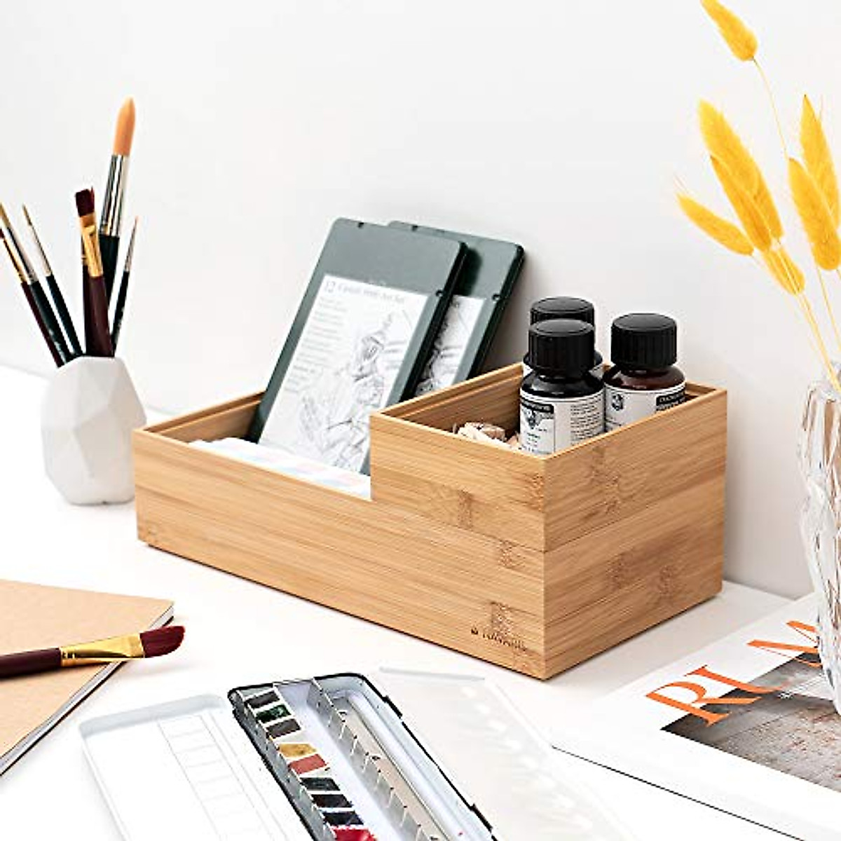 Navaris Bamboo Storage Boxes - Set of 2 Wood Stackable Box Organizers for Bedroom, Kitchen, Bathroom, Living Room, Makeup, Jewelry, Accessories