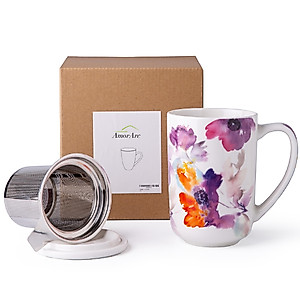 AmorArc Porcelain Tea Mug with Infuser and Lids, 18 Oz Tea Cup Strainer with Tea Bag Holder for Loose Leaf Tea, Tea Steeping Coffee Mug for House-warming Wedding Birthday Gift