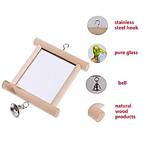 WoYous Bird Cage Mirror, 2 Pieces Parrot Double Side Mirror Swing Wooden Hanging Bird Mirror and Bird Prech for Little Macaws Lovebird Cockatoo Parakeet Finch Cockatiel (C)