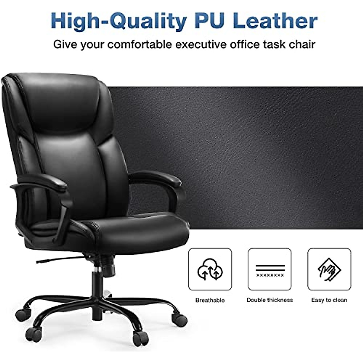 Executive Office Chair - Height Adjustable High Back Computer Chair, Ergonomic Home Office Desk Chair with Wheels, Armrest, and Headrest - 360° Swivel PU Leather Chair for Adults, Black.