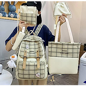 DAHUOJI 5Pcs Kawaii Backpack Set with Badge & Duck Pendant,Japanese Aesthetic Check Bookbag for Girls Cute Plaid School Bags Comes with Tote Bag,Shoulder Bag,Pencil Box,Small Bag(Khaki,16in)