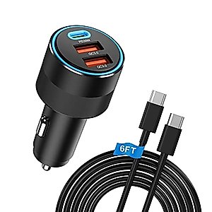 S23 S22 Ultra USB C Fast Car Charger, 3 Port 66 W Car Charger PD3.0 Dual QC 3.0 Type-C Car Charger Adapter for Samsung Galaxy Z Fold 4/Z Flip/3/4/S22/22+/S21/S20/Ultra/Note 20 Galaxy Tab (6 ft Cable)
