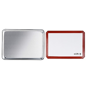 New Star Foodservice 38439 Commercial-Grade 18-Gauge Aluminum Sheet Pan/Bun Pan & Silicone Baking Mat Set, 13" L x 18" W x 1" H (Half Size)