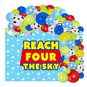 Xrjnfhi Cartoon Story 4th Birthday Party Supplies Reach Four The Sky Birthday Decorations include Balloon Arch kits Backdrop Banner Cake Cupcake Toppers Tablecloth for Boys Girls 4th Bday Decor