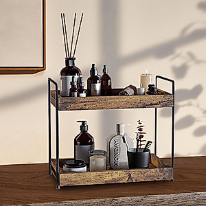 mahueeol 2 Tier Bathroom Counter Organizer Wood Bathroom Storage Shelf Spice Rack for Kitchen Countertop Vanity Tray Makeup Storage Coffee Station Organizer-Rustic Brown
