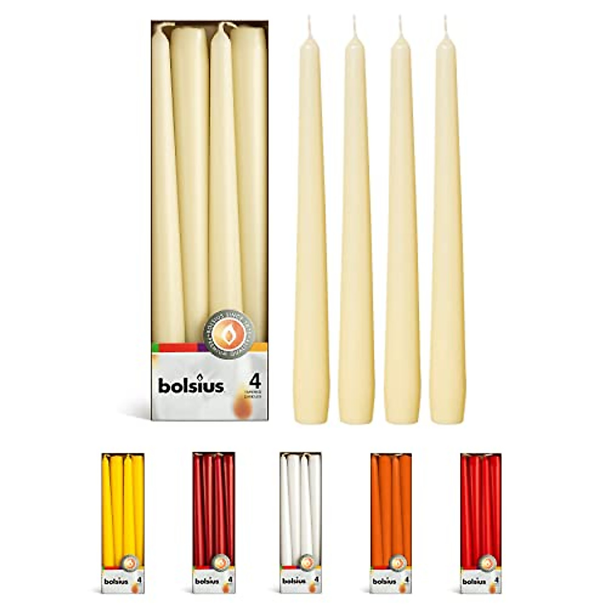 BOLSIUS Ivory Taper Candles - 4 Pack Unscented 10 Inch Dinner Candle Set - 8 Hours Burn Time - Premium European Quality - Smokeless and Dripless Household, Wedding, Party, and Home Decor Candlesticks