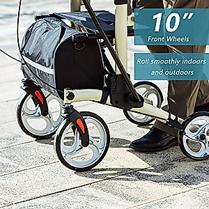 ELENKER Upright Walker, Stand Up Folding Rollator Walker with 10” Front Wheels Backrest Seat and Padded Armrests(Champagne)