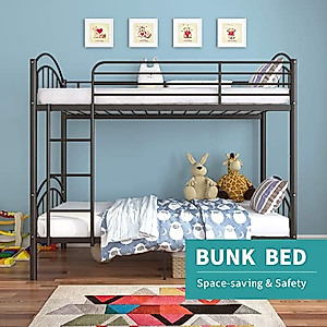 Metal Bunk Beds Frame Twin Over Twin, Convertible Into 2 Individual Metal Bed Frame, Removable Ladder & Safety Guard Rail (Twin Over Twin, Black)