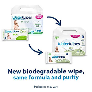 WaterWipes Plastic-Free Textured Clean, Toddler & Baby Wipes, 99.9% Water Based Wipes, Unscented & Hypoallergenic for Sensitive Skin, 240 Count (4 packs), Packaging May Vary