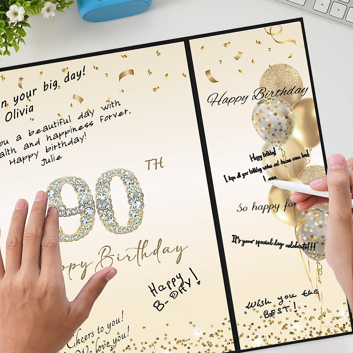 DARUNAXY Black Gold 90th Birthday Party Decorations, Happy 90th Birthday Alternative Signature Guest Book for Men Women Cheers to 90 Years Old Gifts 90 Birthday Signing Card Board Party Supplies