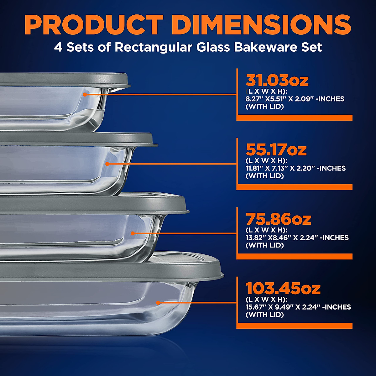 NutriChef 4 Sets Glass Bakeware - High Borosilicate Rectangular Glass Baking Dish w/Gray BPA-Free PE Lids, Freezer-to-Oven Home Kitchen Bake Casserole Food Storage Stackable Tray Pan, Dishwasher Safe