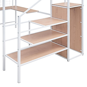 DNYN Stairway Full Size Loft Bed with Desk(L Shaped) & Storage Shelves & Wardrobe Design for Kids/Teen/Adults,Sturdy Metal Bedframe w/Safety Guardrails,Super Save Space & No Box Spring Needed, White