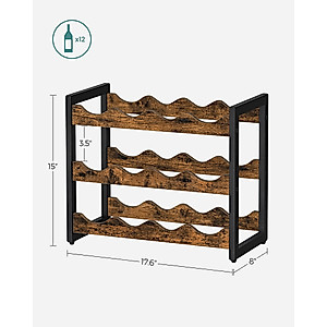 SONGMICS Countertop Wine Rack, 3-Tier Display Wine Storage Shelves, Holds 12 Bottles, Bamboo Wobble-Free Bottle Holder for Kitchen Bar Dining Room Living Room, Rustic Brown and Black UKWR011B01
