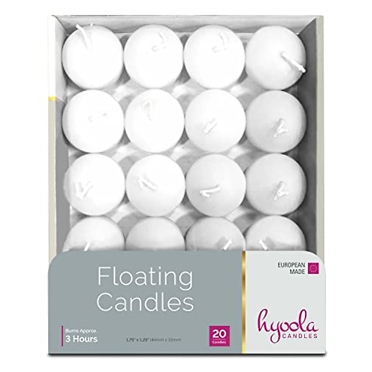 HYOOLA Premium White Floating Candles 1.75 Inch - 3 Hour - 20 Pack - European Made