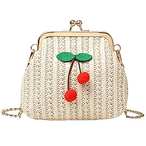 Buddy Supplies Women Straw Weave Handbag Summer Beach Purse Kiss Lock Shoulder Bag Chain Crossbody Bag beige