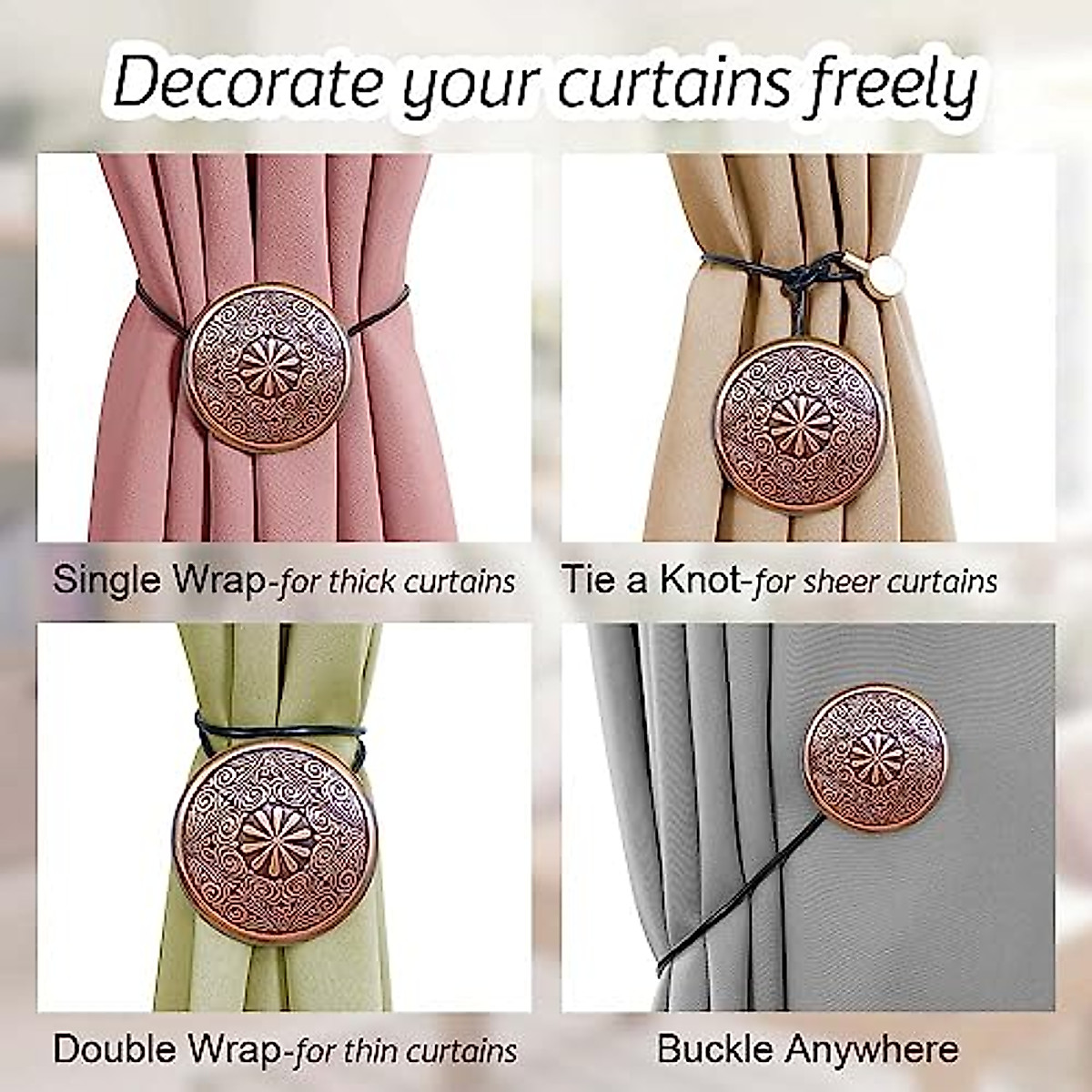 Vineland Retro Metal Magnetic Curtain Tie Back, 2 Pack Decorative Flower Metallic Boho Holder for Curtains Drape, Rustic Home Decoration (Brown)